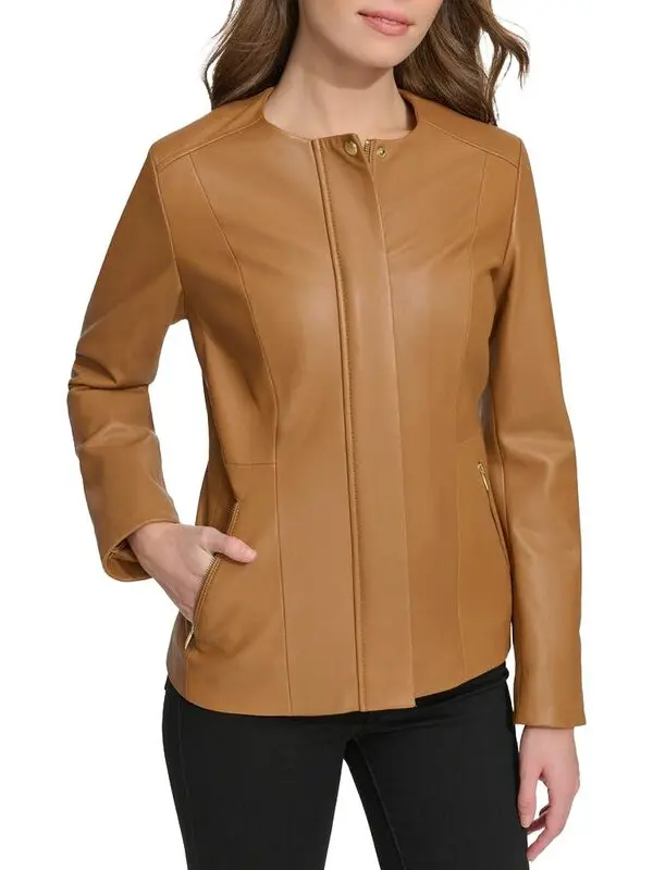 Cole Haan Collarless Leather Jacket - Hazelnut