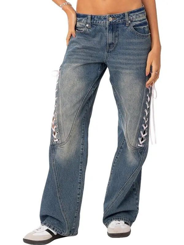 EDIKTED Lace-up Low Rise Wide Leg Jeans - Blue