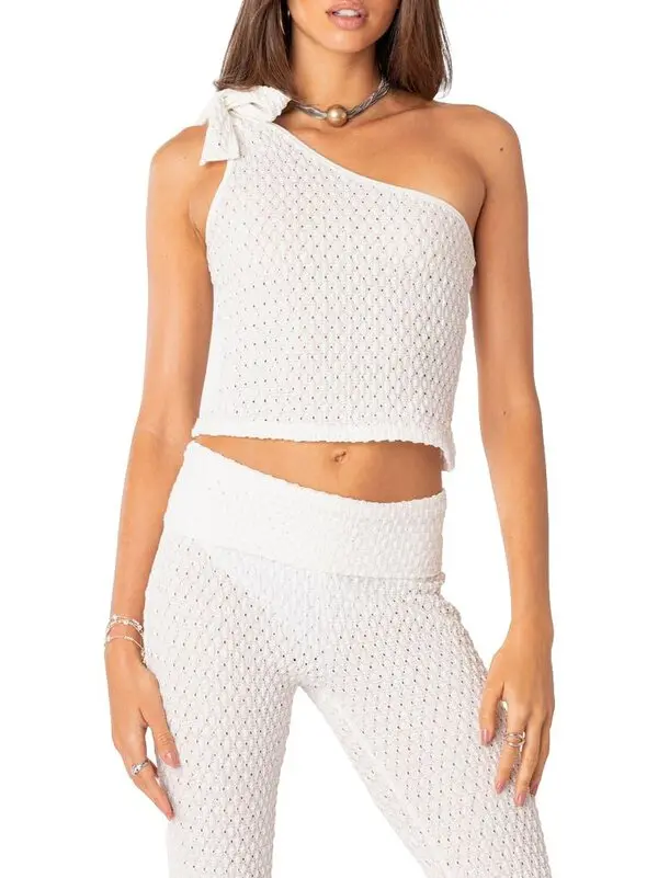 EDIKTED Amalia Textured Knit One-shoulder Top - White