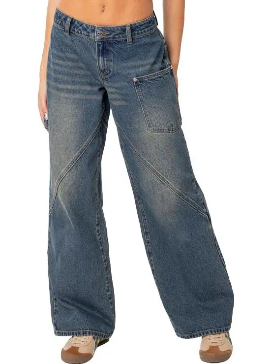 EDIKTED Serena Low Rise Wide Leg Carpenter Jeans - Blue