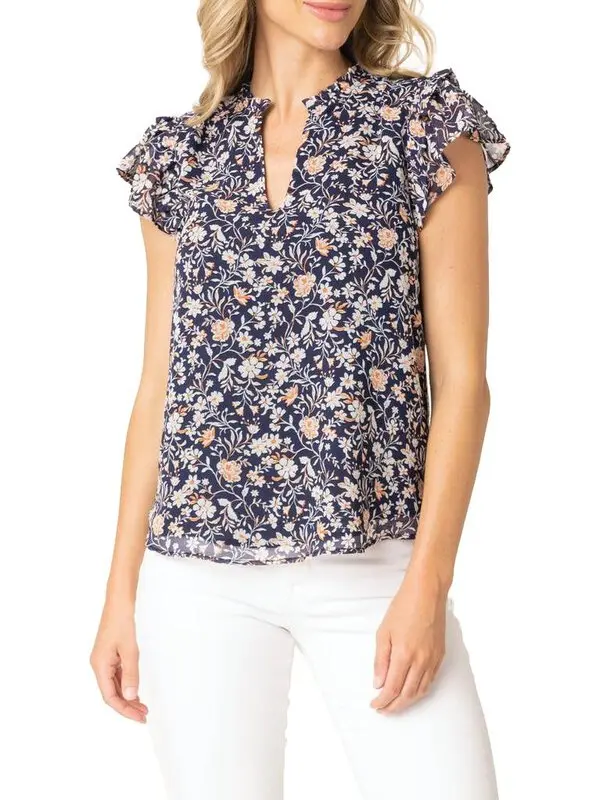GIBSONLOOK Print Flutter Sleeve Top - Indigo Coral Floral