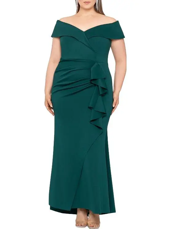XSCAPE EVENINGS Off-the-shoulder Ruffle Gown - Hunter