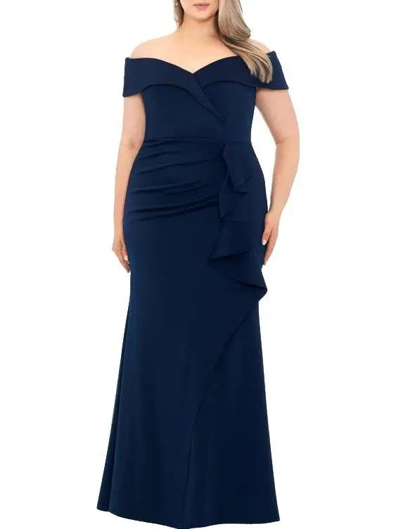 XSCAPE EVENINGS Off-the-shoulder Ruffle Gown - Midnight
