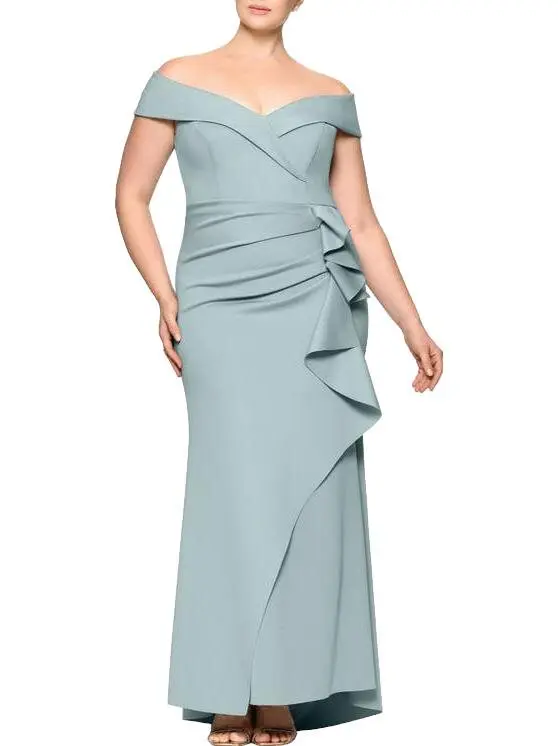 XSCAPE EVENINGS Off-the-shoulder Ruffle Gown - Sage