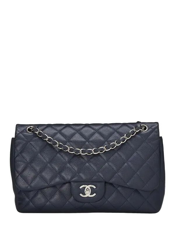 Chanel Quilted Caviar Classic Double Flap Shoulder Bag - Navy