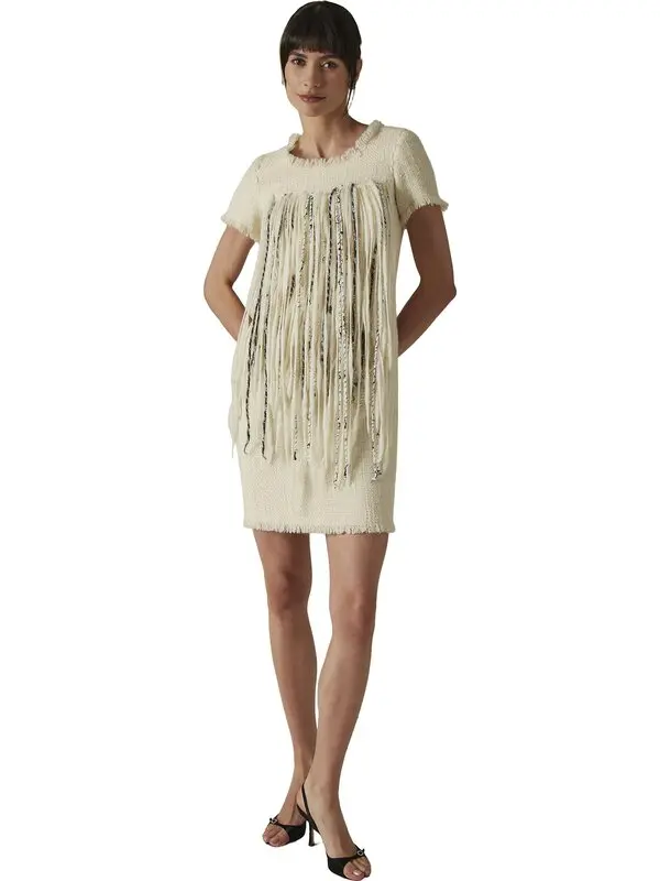 Chanel Fringe Tweed Shift Dress - Cream