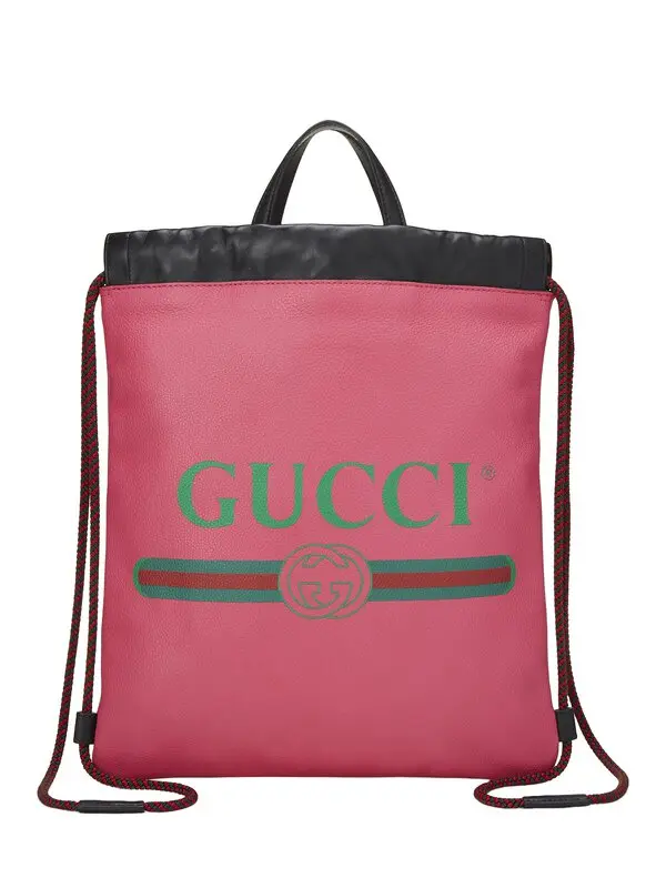Gucci Leather Logo Print Drawstring Backpack - Pink