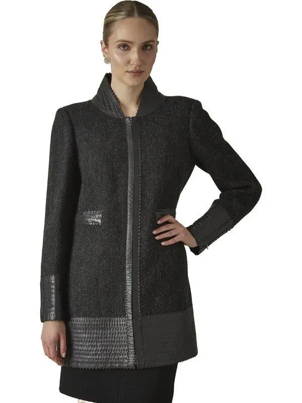 Chanel Herringbone Wool Coat With Leather Trim - Grey