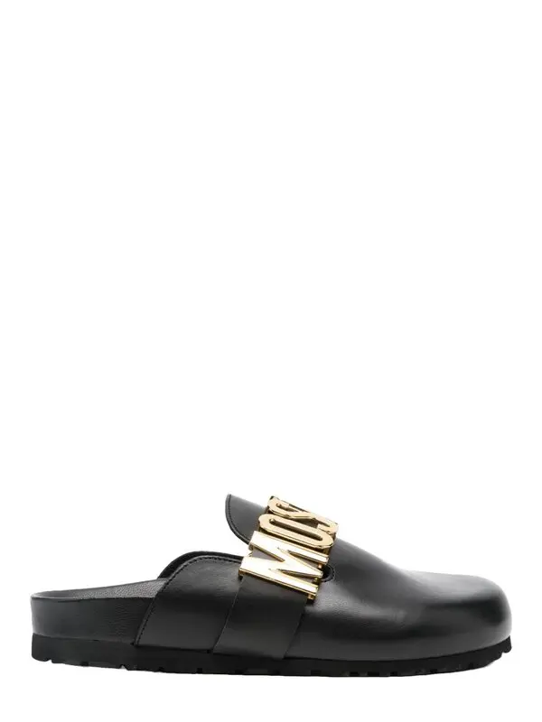Moschino Leather Mules With Logo Plaque - Black