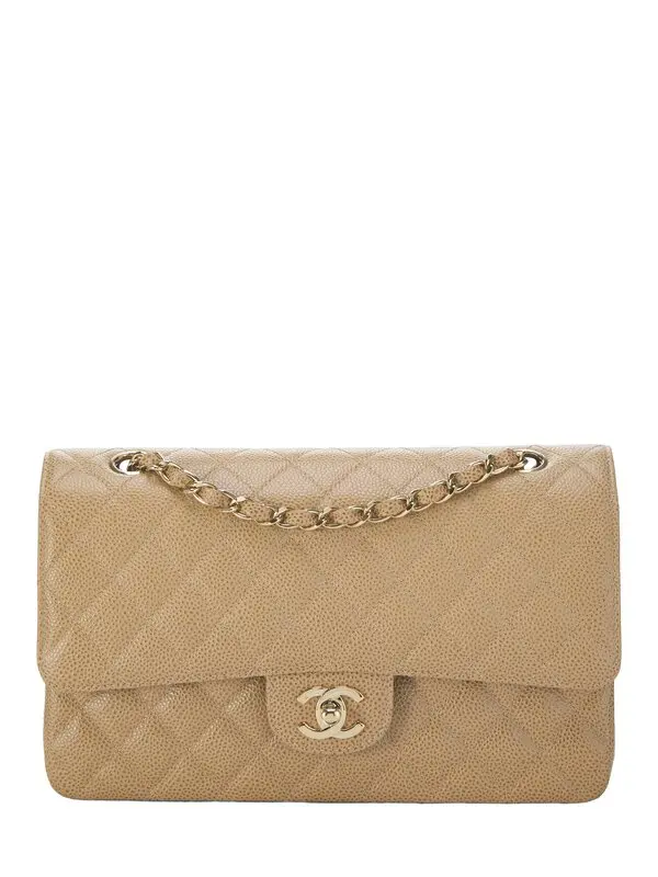 Chanel Quilted Caviar Classic Double Flap Medium Shoulder Bag - Beige