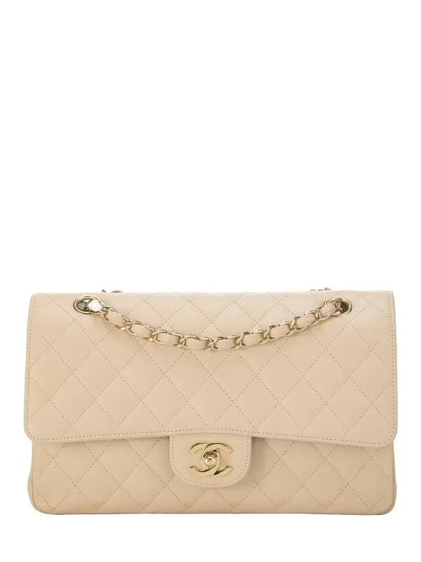 Chanel Quilted Caviar Classic Double Flap Medium Shoulder Bag - Beige