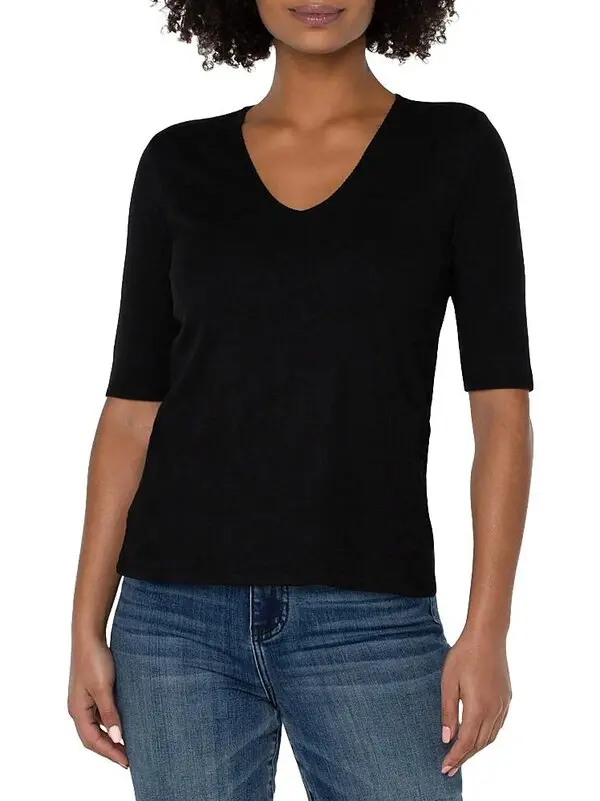 LIVERPOOL V-neck Rib Knit Elbow Sleeve Tee - Black