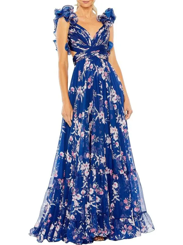 Mac Duggal Floral Ruffled Tiered Chiffon Gown - Blue Multi
