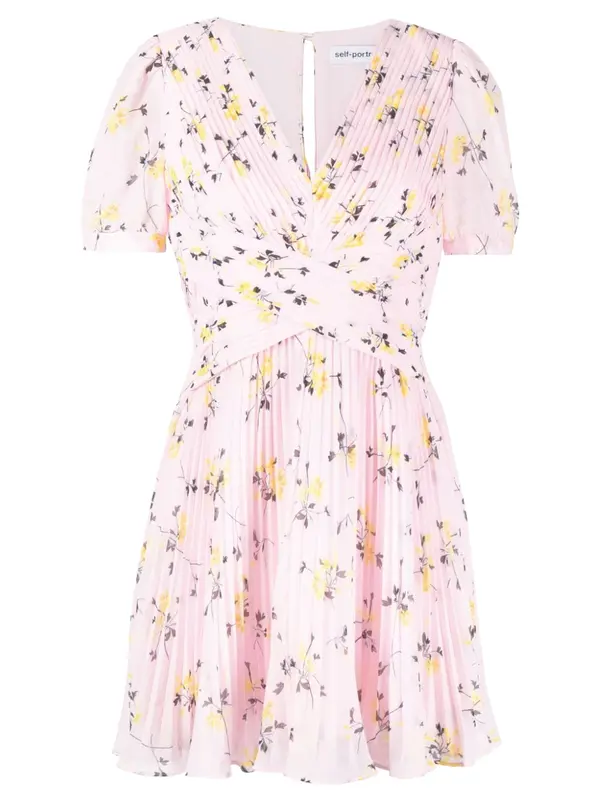 SELF-PORTRAIT Floral-print Pleated Minidress - Pink