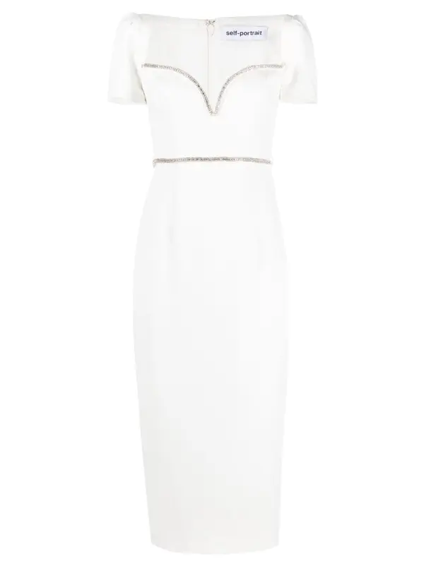 SELF-PORTRAIT Diamante Trim Split Crepe Midi Dress - White