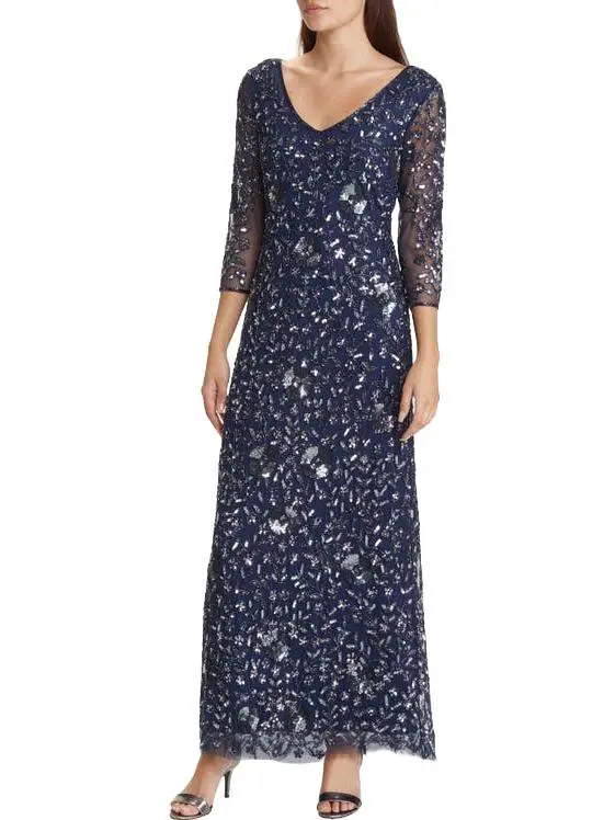 Pisarro Nights Beaded V-neck Cocktail Dress - Navy/gunmetal 421