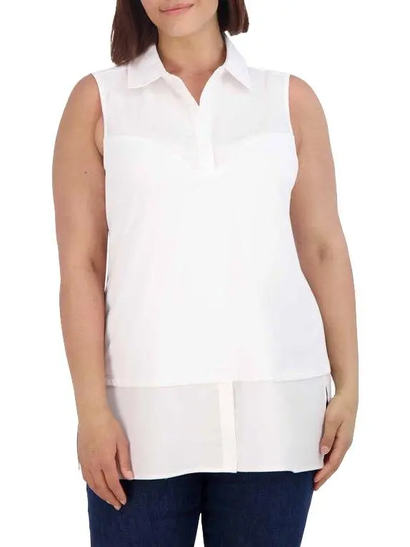 Foxcroft Sasha Mixed Media Sleeveless Button-up Shirt - White