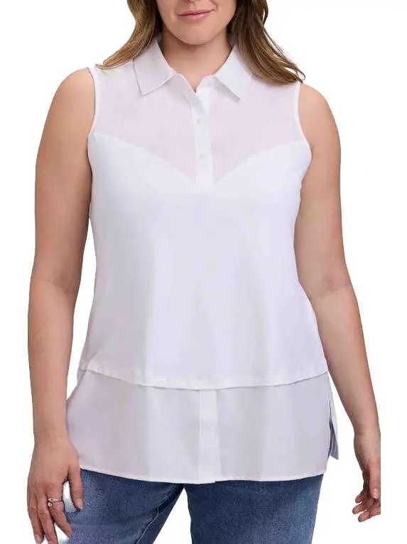 Foxcroft Sasha Mixed Media Sleeveless Button-up Shirt - White