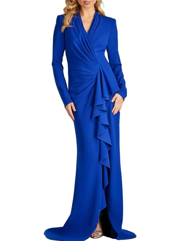 Tadashi Shoji Drape Ruffle Long-sleeve Gown - Mystic Blue