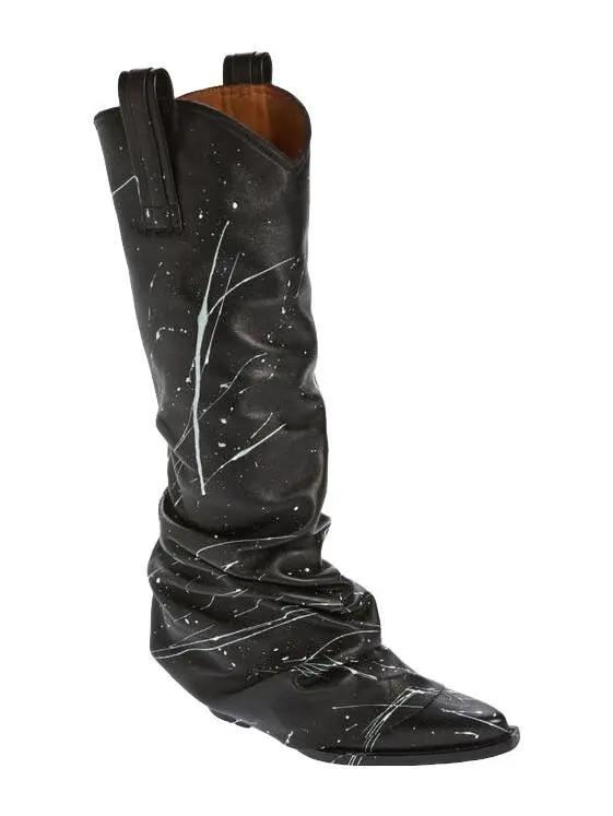 R13 Paint Spatter Sleeve Western Boots - Black Leather W/white Paint