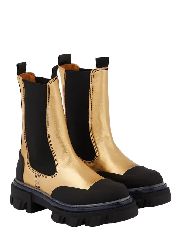GANNI Metallic Leather Chelsea Boots - Gold
