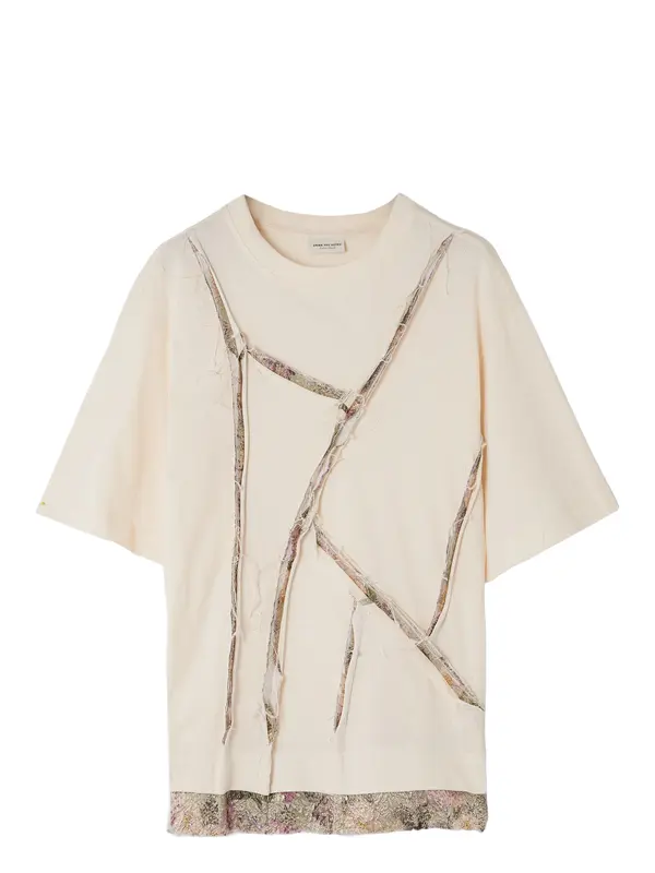 Dries Van Noten Frayed Brocade-trimmed Cotton-blend T-shirt - Ecru