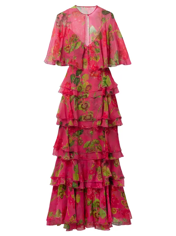 Oscar De La Renta Tiered Ruffled Floral-print Silk-chiffon Gown - Pink