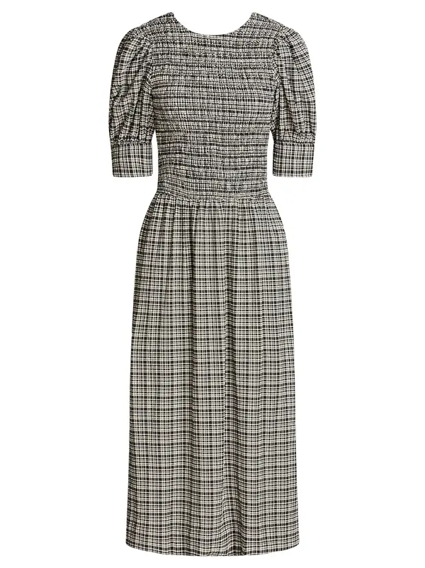 GANNI Shirred Checked Seersucker Midi Dress - Black