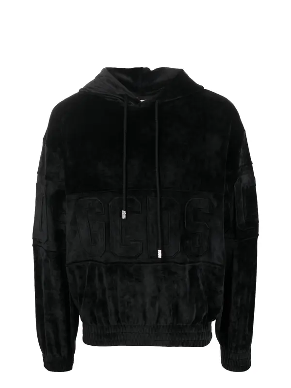 Gcds Logo-patch Velvet Hoodie - Black