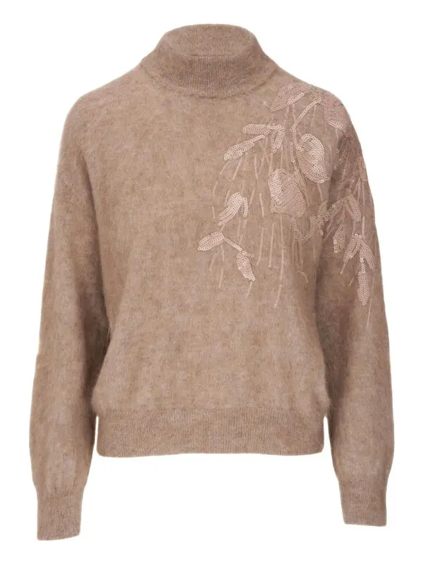 Brunello Cucinelli Floral-embroidered Mock-neck Jumper - Neutrals