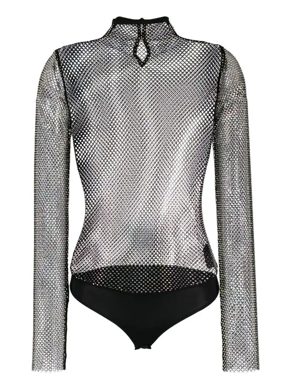 Patrizia Pepe Rhinestone-embellished Mesh Bodysuit - Black