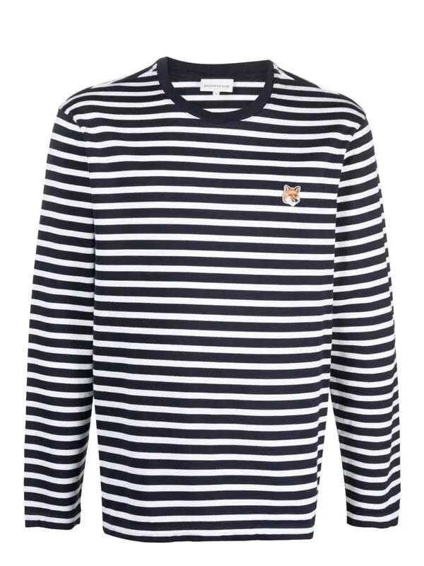 Maison Kitsuné Fox-motif Striped Cotton T-shirt - Blue