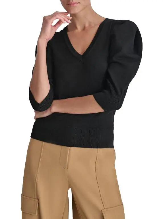 Dkny Puff Sleeve V-neck Sweater - Black