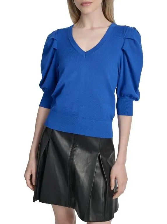 Dkny Puff Sleeve V-neck Sweater - Classic Blue