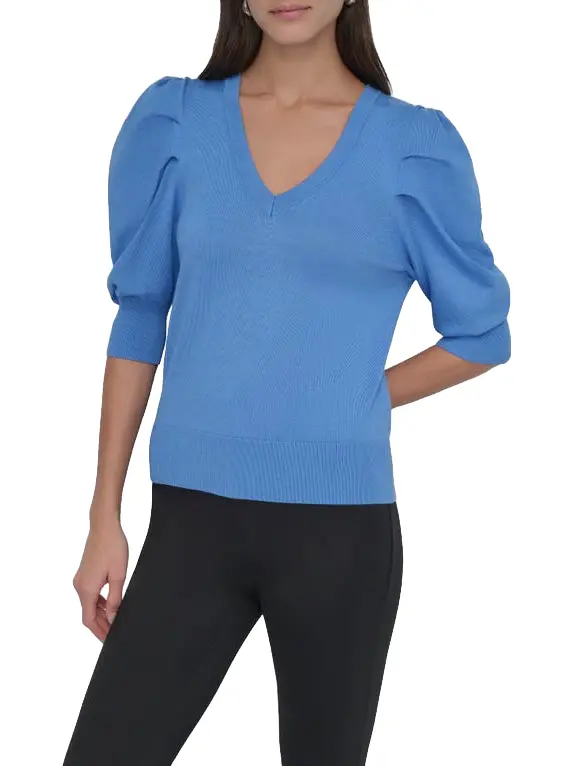 Dkny Puff Sleeve V-neck Sweater - Cornflower Blue