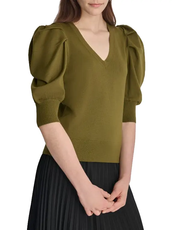 Dkny Puff Sleeve V-neck Sweater - Dark Olive