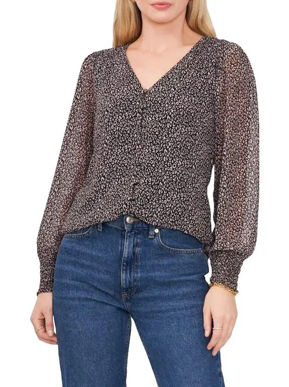 Chaus Balloon Sleeve Chiffon Button-up Top - Black/ Taupe