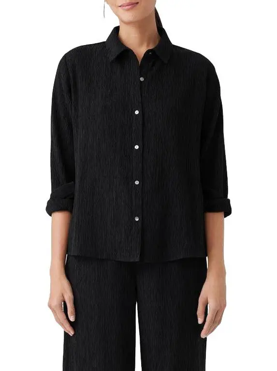 Eileen Fisher Classic Plissé Button-up Shirt - Black