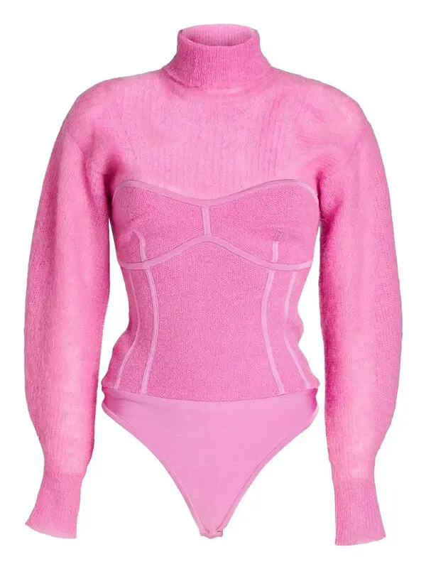 Herve Leger Bandage Paneled Ribbed-knit Turtleneck Bodysuit - Pink