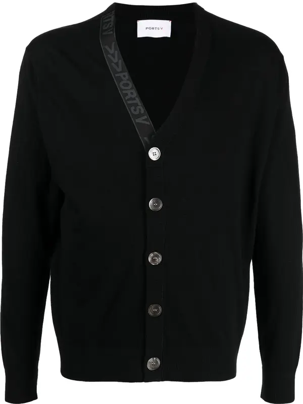 PORTS V Logo-tape Ribbed V-neck Cardigan - Black