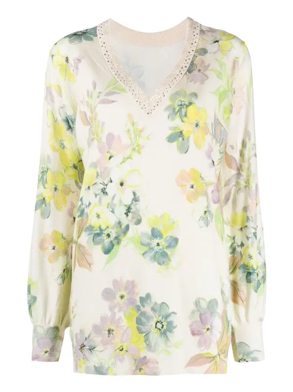 TWINSET Floral-print V-neck Jumper - Neutrals