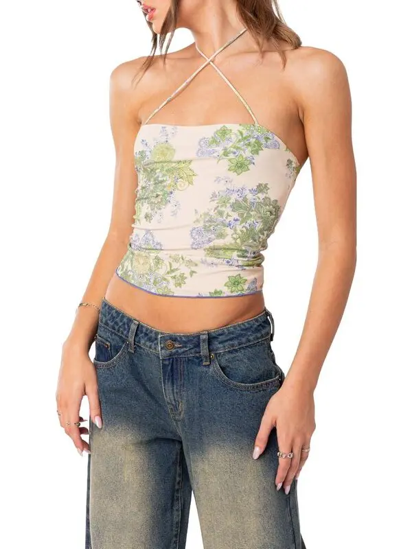EDIKTED Garden Party Floral Mesh Top - Ivory Mix