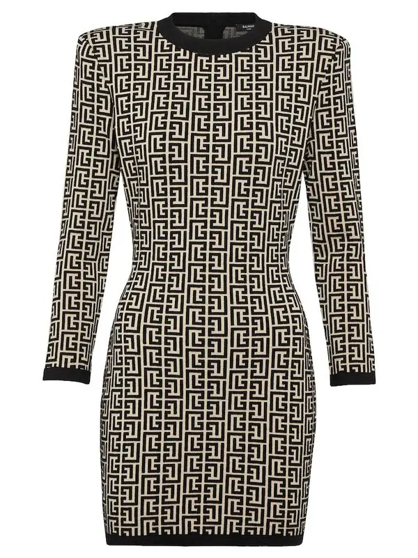 Balmain Monogram Wool-blend Knit Minidress - Black