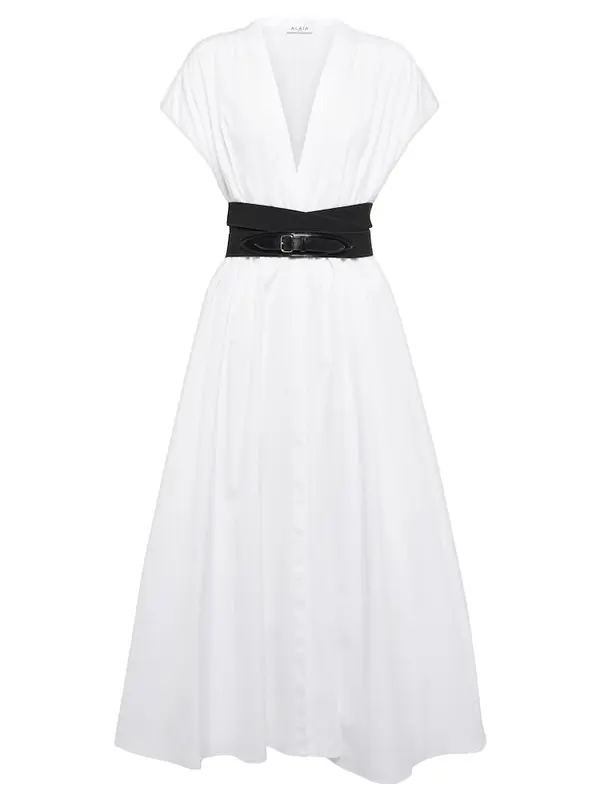 Alaïa Belted Cotton Poplin Midi Shirt Dress - White