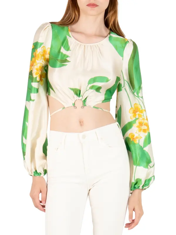 SECRET PON-PON Donna Tropical Print Silk Blouse - Tropical Green