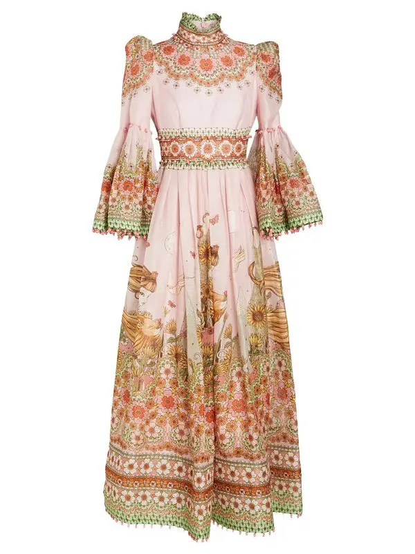 Zimmermann Printed Linen And Silk-blend Maxi Dress With Bead Embellishments - Baby Pink