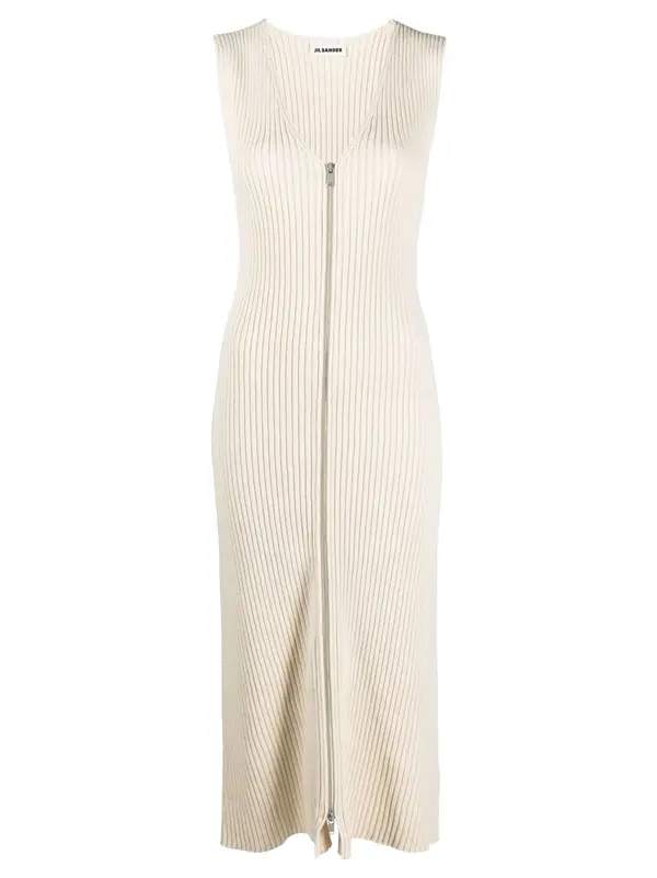 JIL SANDER V-neck Ribbed-knit Midi Dress - Neutrals