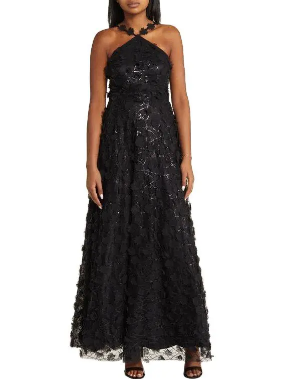 Eliza J Floating Flow Floral Sequin Halter Ballgown - Black