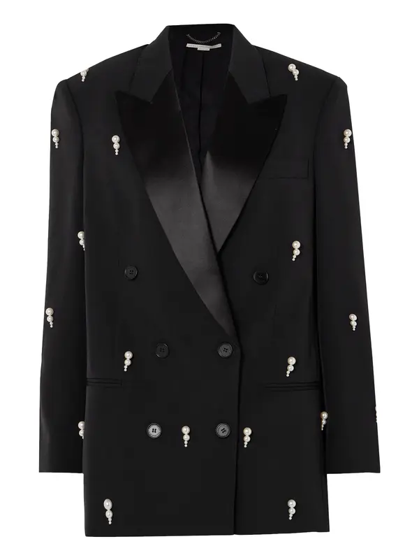 Stella McCartney Oversized Wool-blend Blazer With Faux Pearl Embellishments - Black