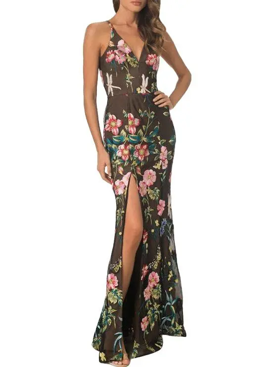 Dress The Population Iris Embroidered Gown - Black Multi